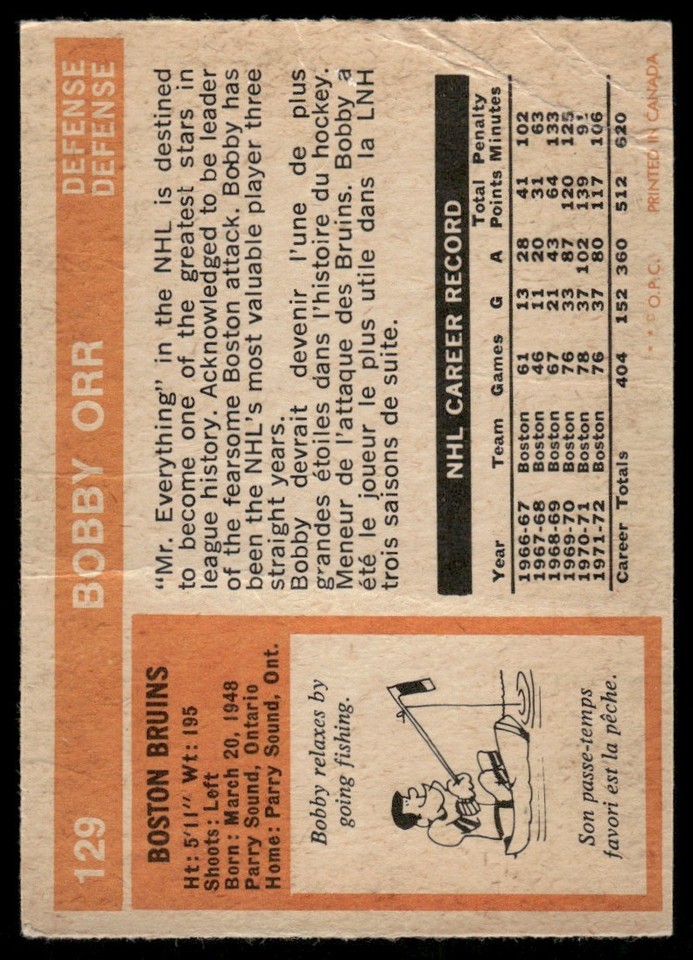 1972-73 O-PEE-CHEE BOBBY ORR "POOR" BOSTON BRUINS #129 | eBay