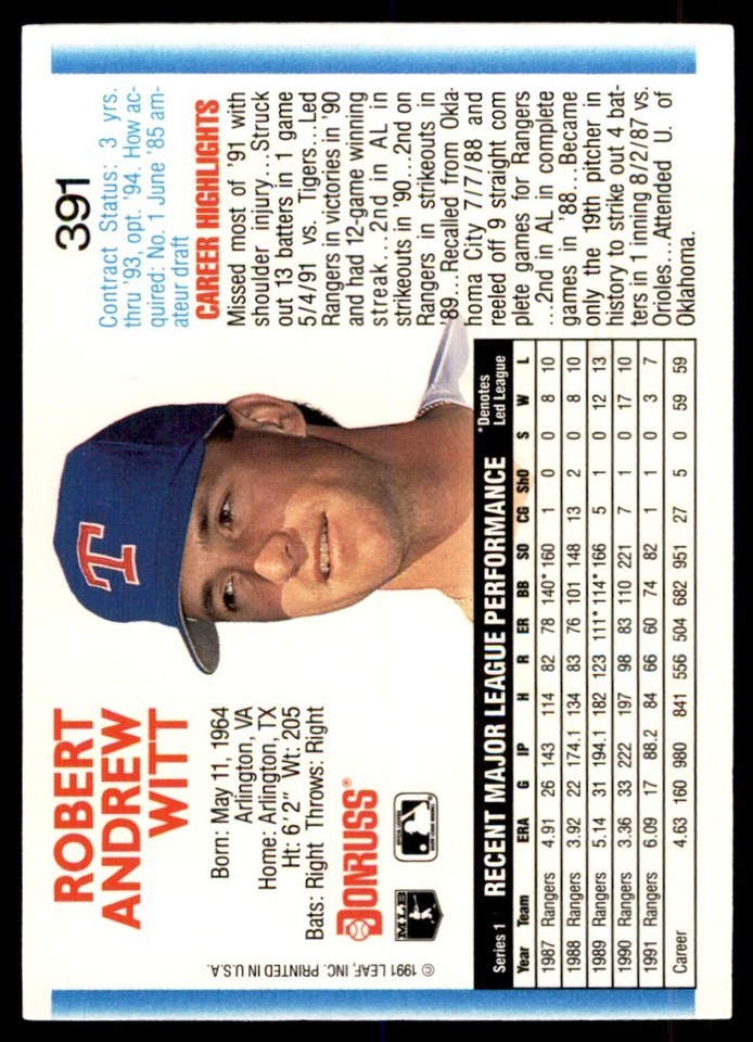 1992 Donruss Bobby Witt Texas Rangers #391 | eBay
