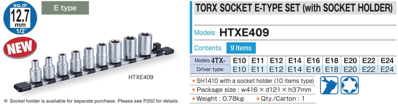 TONE 1/2"Drive Torx E10-E24 Socket E-Type Set HTXE409 with Holder 9 ...