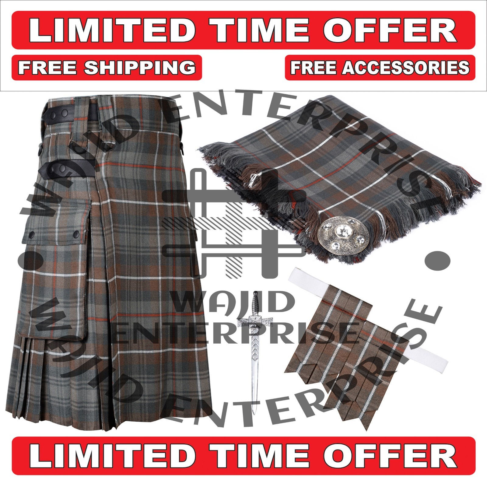 Scottish handmade Mackenzie Weathered tartan utility Kilt & Accessories ...