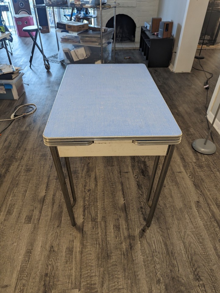 Vintage Blue Formica Table Pull Out Leaves And Chrome Edges And Utensil ...