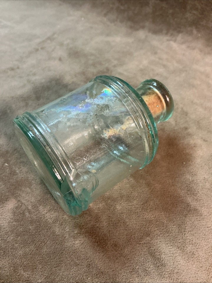 Circa 1920s pale aqua color Glass round ink bottle with cork | eBay