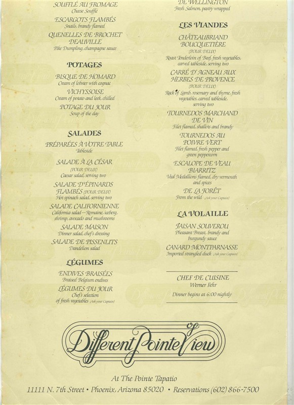 Different Pointe of View Menu Pointe Tapatio Phoenix Arizona 1980's | eBay