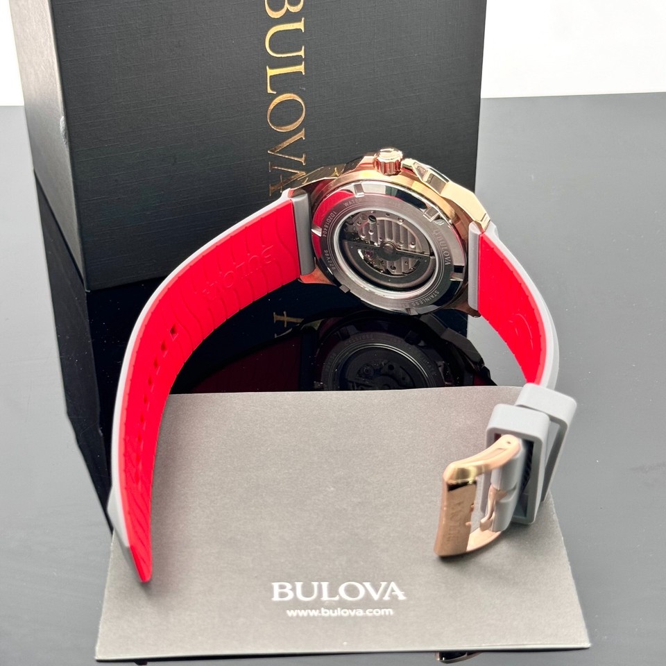Bulova Marine Star 98A228 Rose Gold Dial Gray Silicone Automatic Men's ...