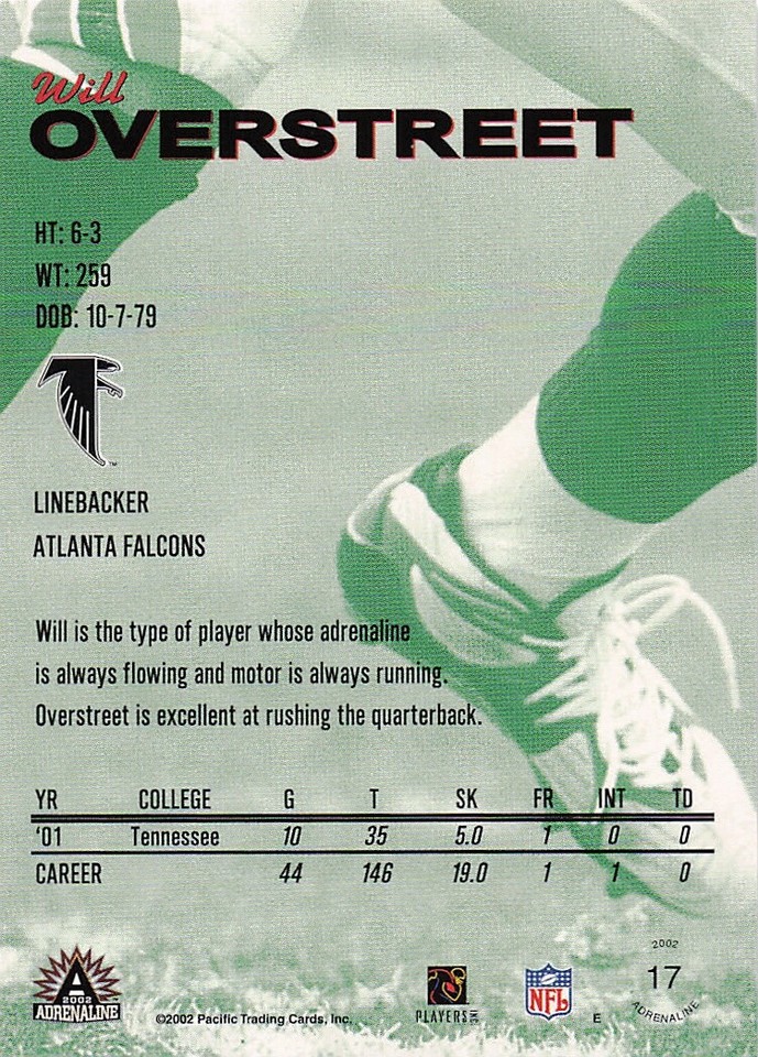 2002 Pacific Adrenaline #17 Will Overstreet | eBay