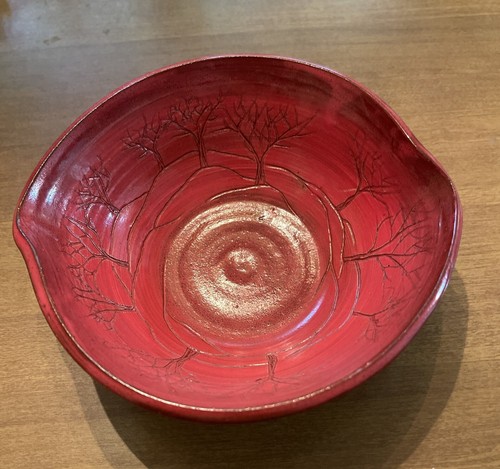 Art Pottery Bowl Red Etched Tree Design Signed NC Pottery Rustic ...