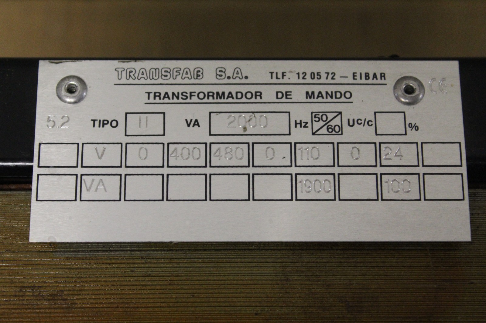 TRANSFAB TRANSFORMADOR TRANSFORMER 2000VA 480V 110V TYPE 11 5.2 TLF. 12 ...