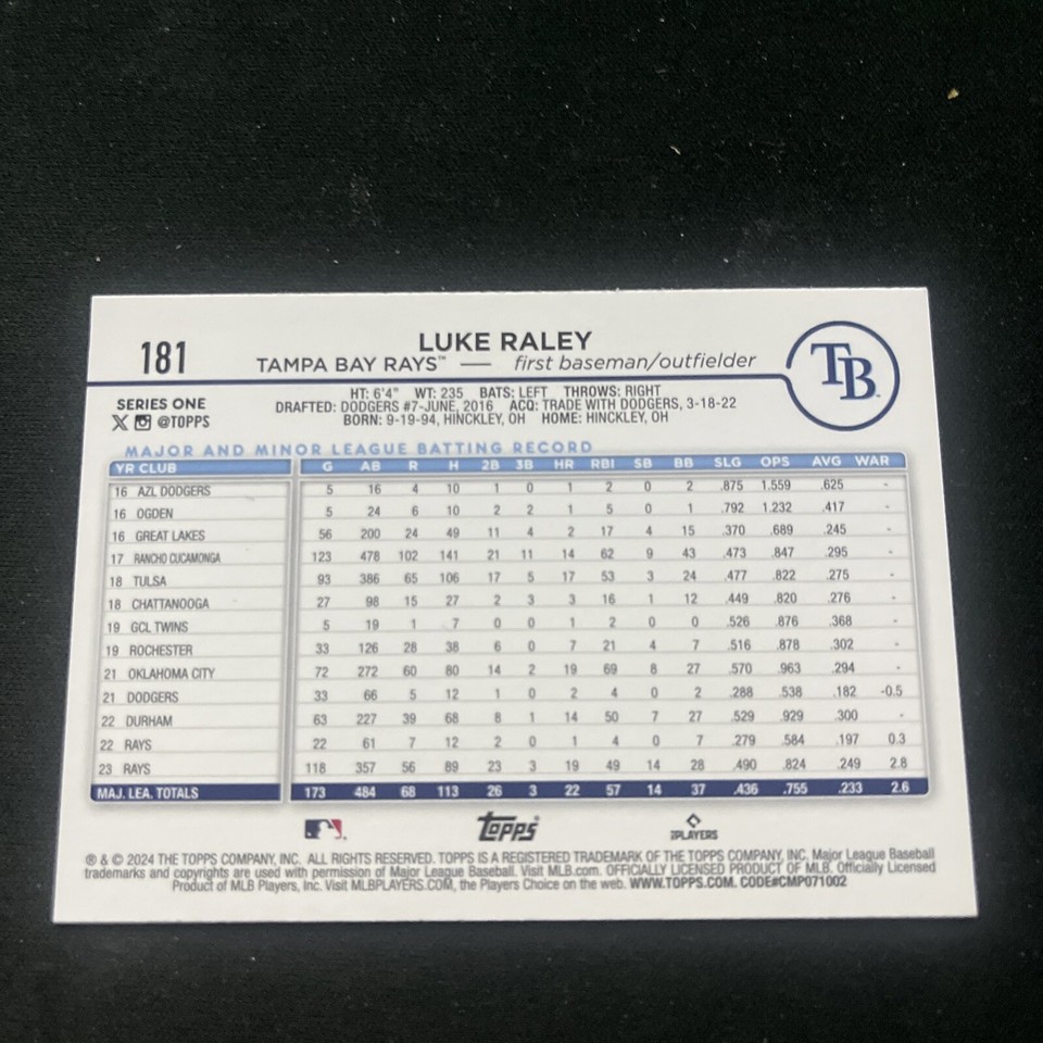2024 Topps Series 1 Yellow Border #181 Luke Raley Tampa Bay Rays ...