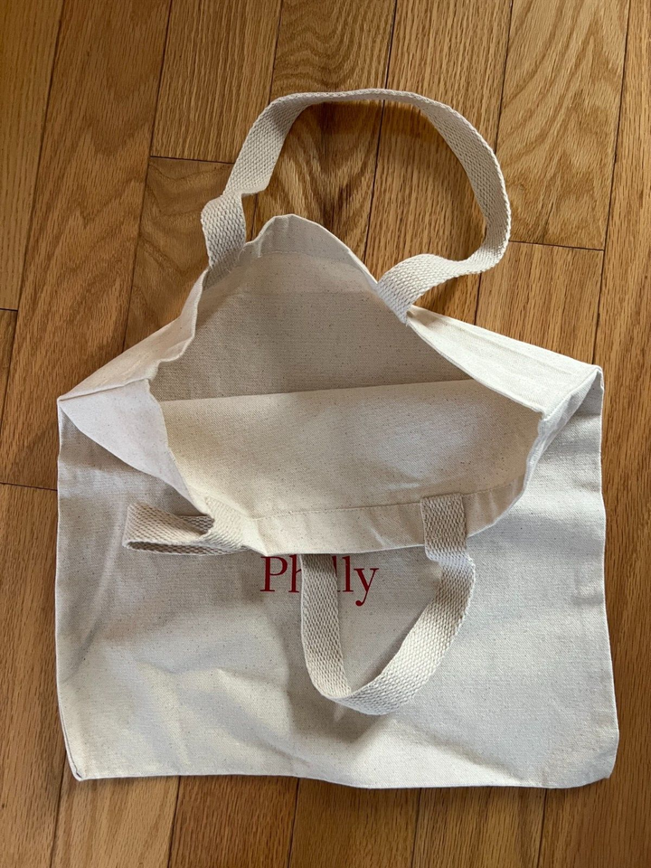 J. Crew Reusable Ivory Canvas Tote PHILLY Bag Blue RED Wording 15" x 15 ...