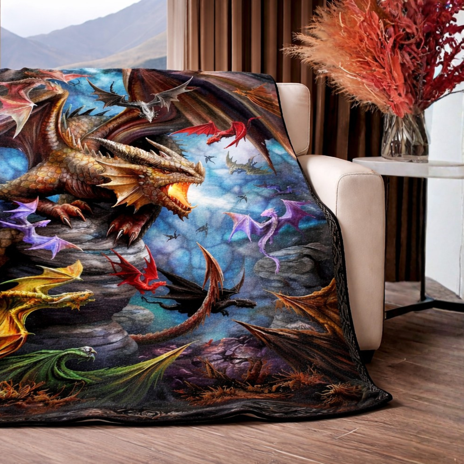Dragon Blanket, Plush Queen Size Throw, Collage of Dragons, Fantasy ...