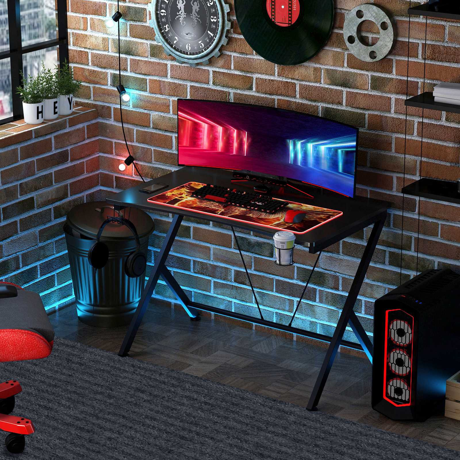 Gaming Desk Computer Table Metal Frame w/ Cup Holder, Headphone Hook ...
