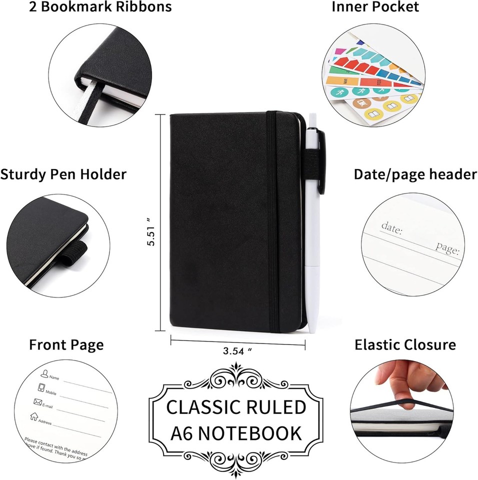 feela 3 Pack Pocket Notebook Journals with 3 Black Pens, A6 Mini 3 | eBay