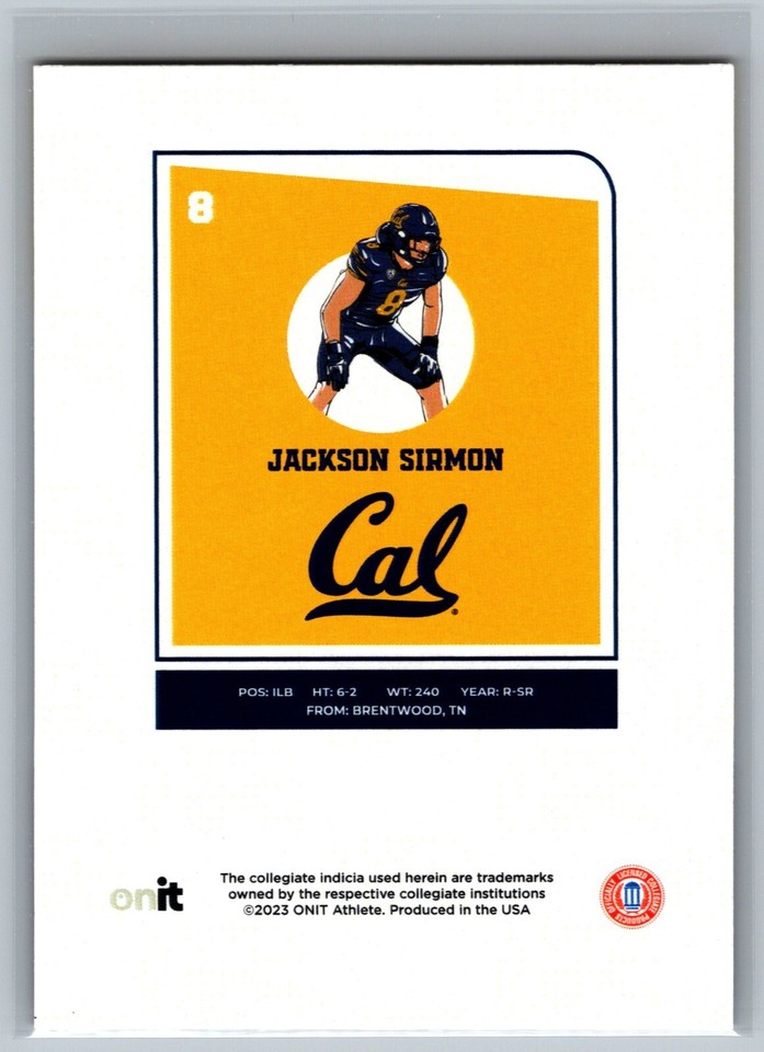 Jackson Sirmon 2023 ONIT California Golden Bears ICON Football Card ...