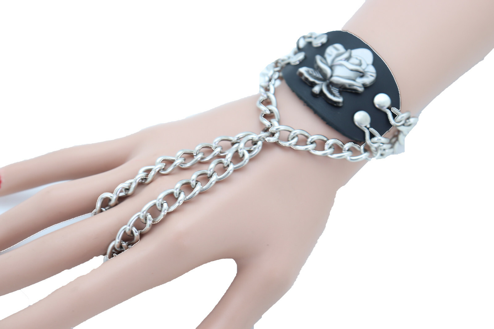Women Bracelet Silver Metal Hand Chain Rose Flower Charm Biker Slave ...