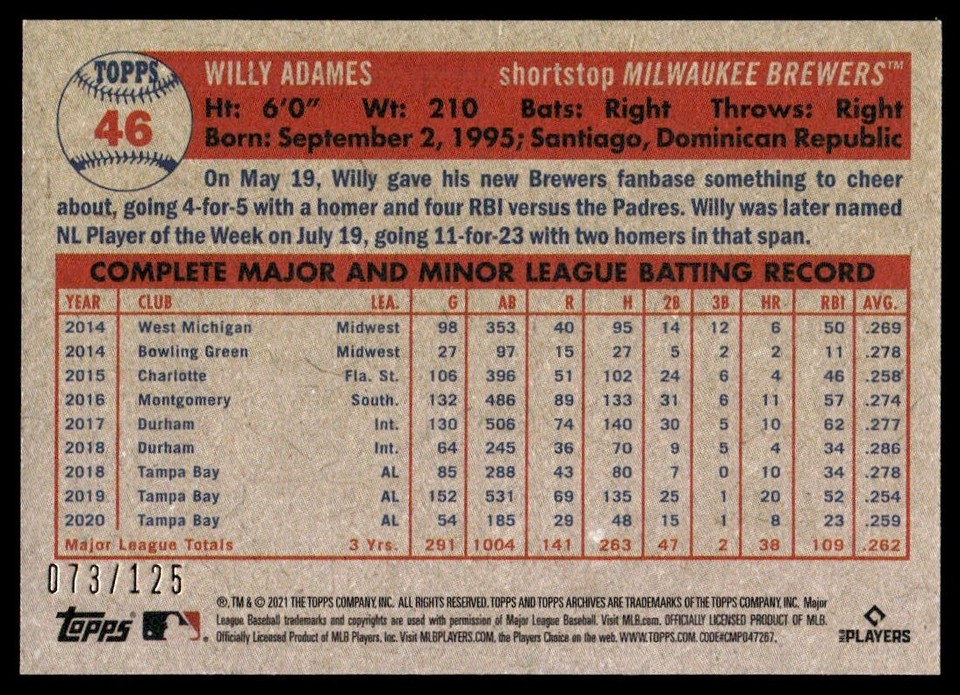 2021 Topps Archives Green Willy Adames 073/125 Milwaukee Brewers #46 | eBay