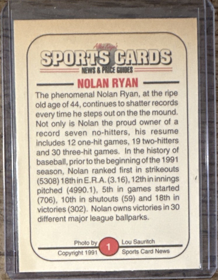 1991 Allan Kaye's Sports Cards News #1 Nolan Ryan Magazine Card HOF NM ...