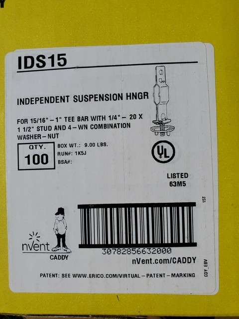 100pc ERICO Caddy IDS15 Independent Support Clip for 1" Tee Bar With ...