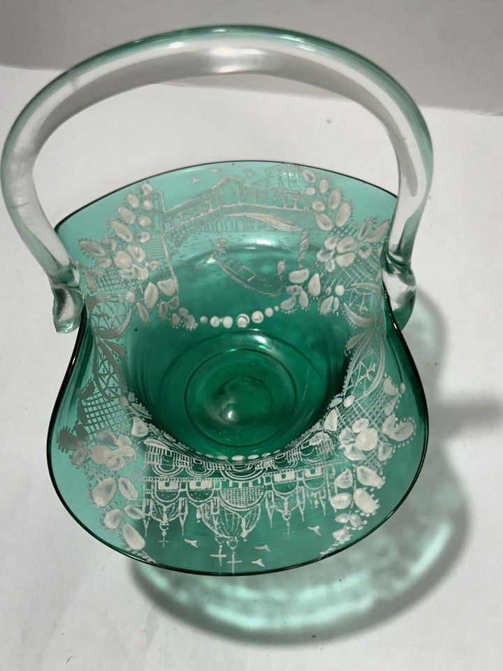 Vintage Murano Moser Etched Scenery Green Blown Art Glass Basket Clear ...