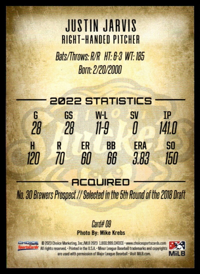 2023 Choice Justin Jarvis Rookie Biloxi Shuckers AA Brewers | eBay