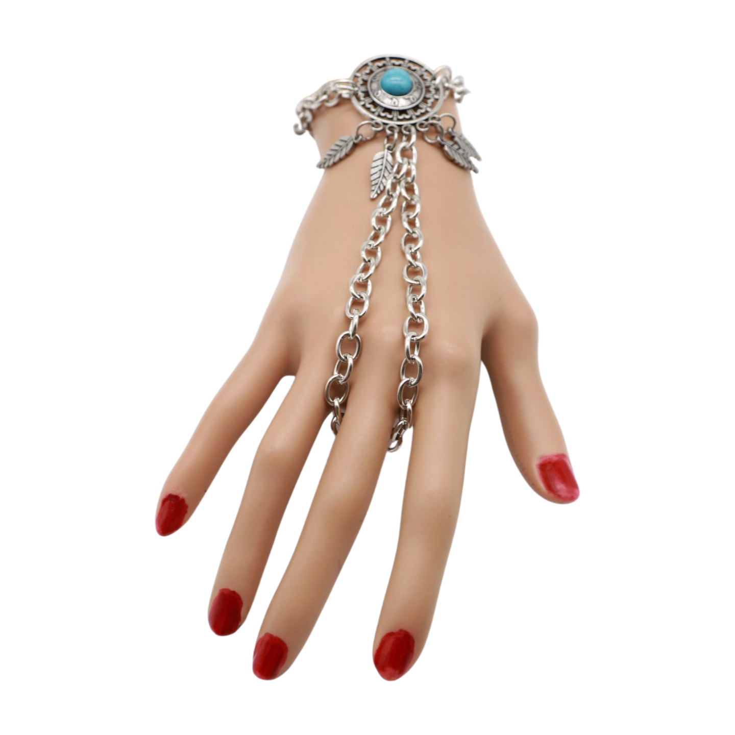 Women Silver Metal Hand Chain Bracelet Connected Ring Turquoise ...