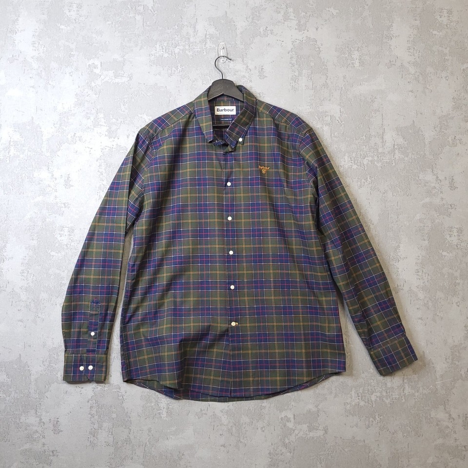 Barbour Country Button-Down Shirt Mens XL Green Blue Check Tailored Fit ...