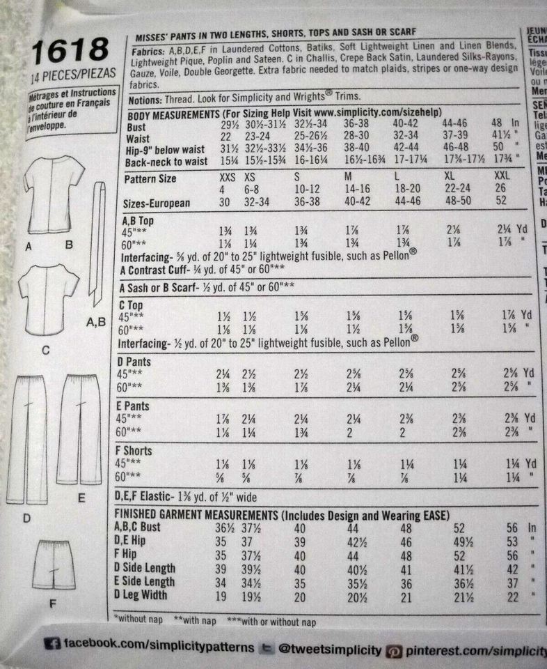 Pants Shorts Tops Sash Misses size XXS-XXL Simplicity 1618 Sewing ...