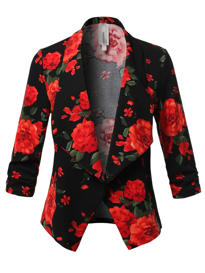 FashionOutfit Women's Solid/Print Stretch 3/4 Gathered Sleeve Open ...