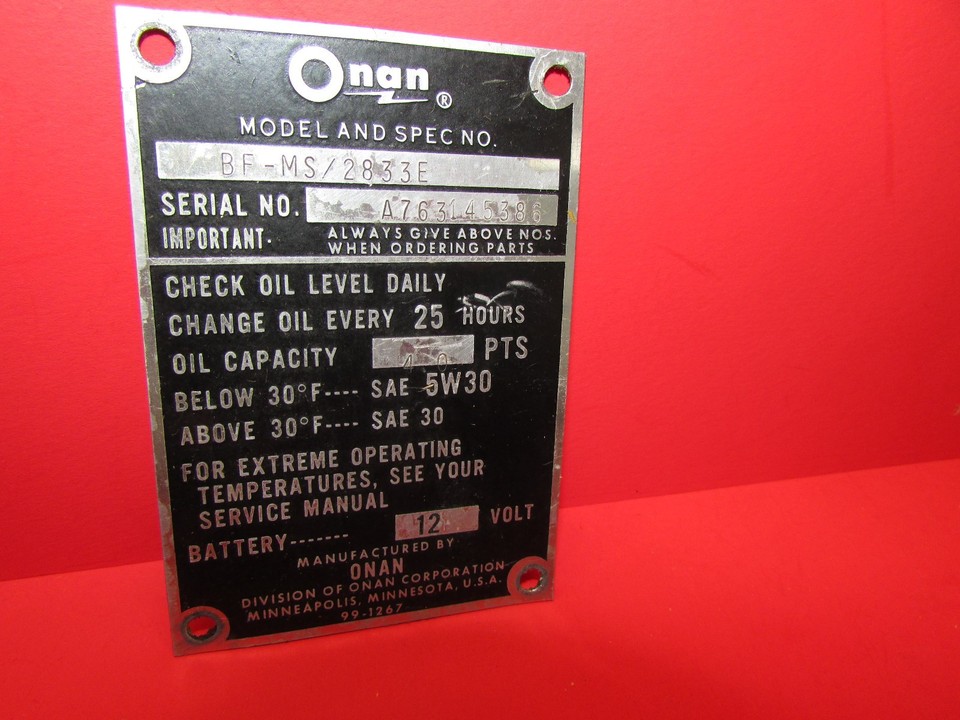 ONAN BF-MS/2833E SERIAL NUMBER IDENTIFICATION PLATE | eBay