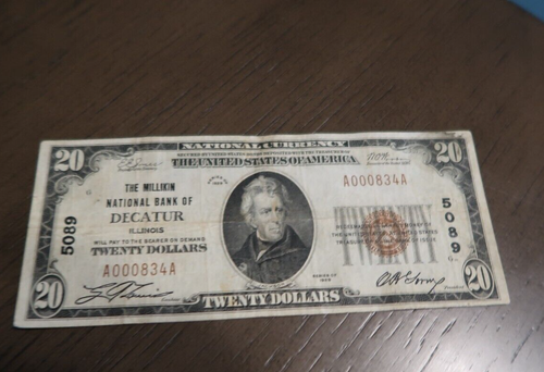 1929 / Ch#5089 $20 DOLLAR BILL THE MILLIKIN NATIONAL BANK OF DECATUR ...