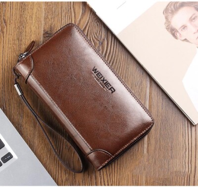 WEIXIER Business Men's Double-Zipper Leather Clutch Wallet Purse ...