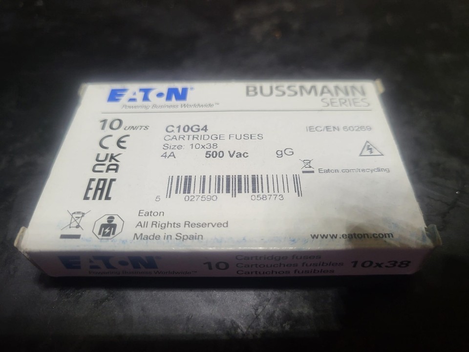 C10G4 Eaton 4A Ceramic Cartridge Fuses, 10 x 38mm, 500Vac, 120kA, 10 ...