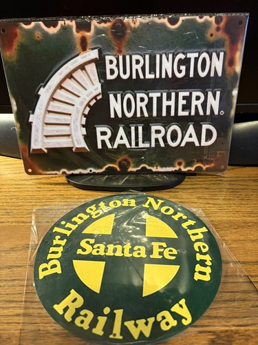 2-BURLINGTON NORTHERN SANTE FE RAILROAD METAL SIGNS 8”x12”+8”DIA ...
