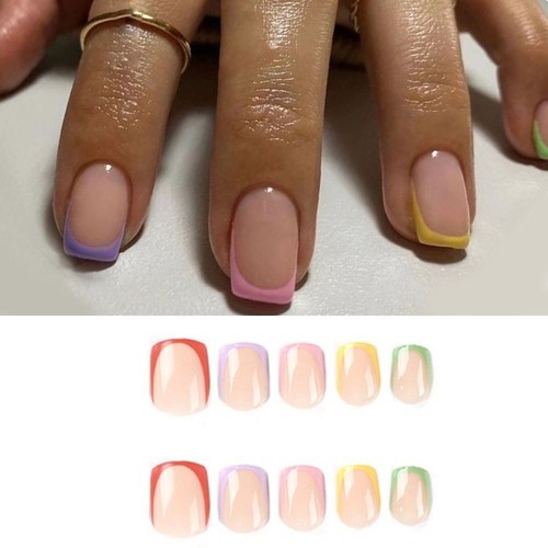Press on Nails Fake Nials Short Square False Nails French Colorful Edge ...