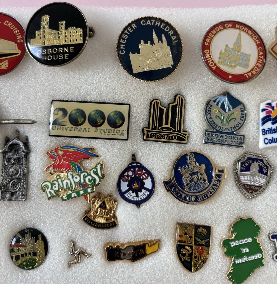 49 towns places countries Pins Badges + 4 Free Items vintage won’t ...