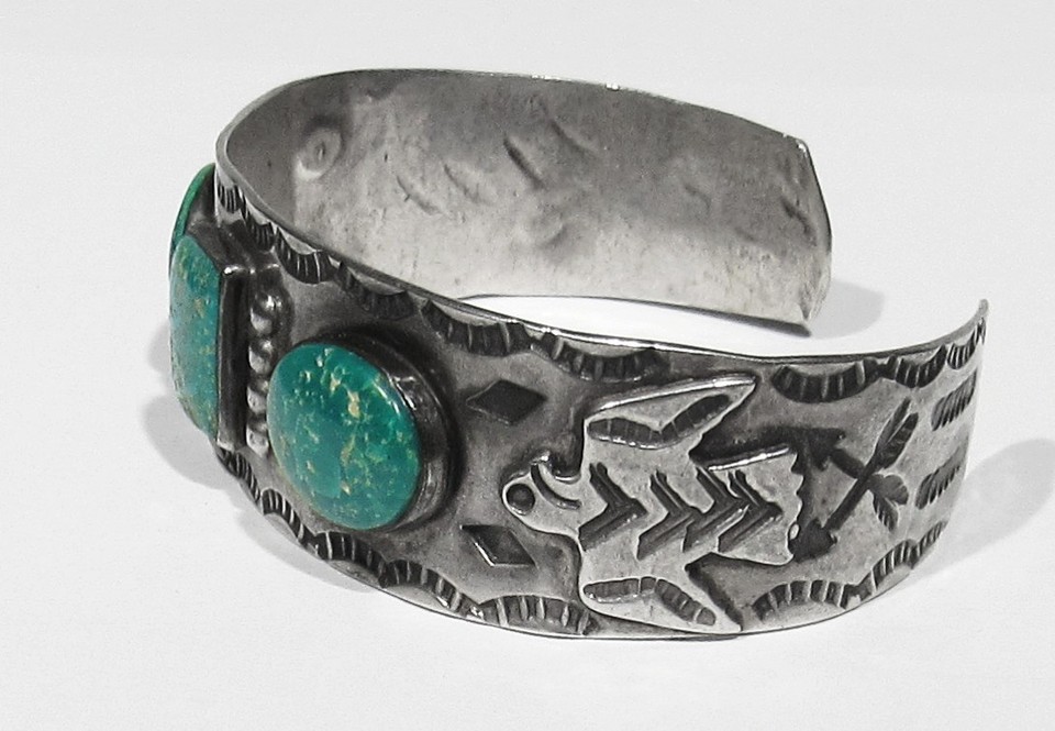 Big Old 30s Navajo Turquoise 925 Silver Thunderbirds Cross Arrows ...