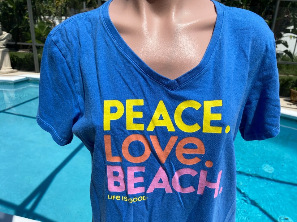 LIFE IS GOOD Peace Love Beach blue Womens Short Sleeve T shirt top L ...