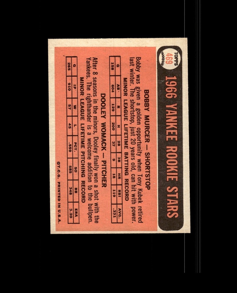 1966 Topps 469 Rookie Stars Bobby Murcer/Dooley Womack RC EX-MT #D1 ...
