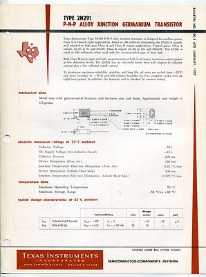 1957 Vintage TEXAS INSTRUMENTS Transistor Spec Sheet: TYPE 2N291 | eBay