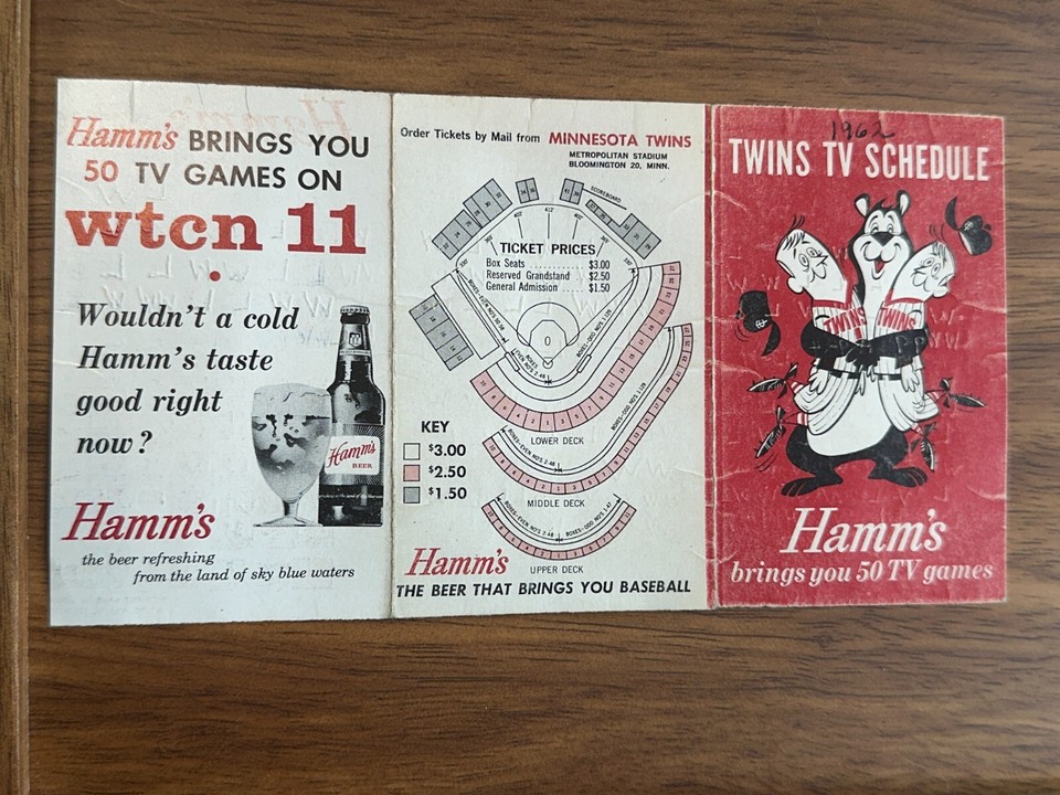1962 MINNESOTA TWINS POCKET SCHEDULE HAMM'S BEER MET METROPOLITAN ...