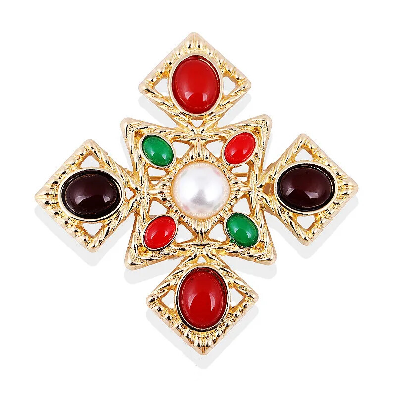 Vintage Gold Color Crystal Pearls Pin Geometric Rectangle Brooch Women ...