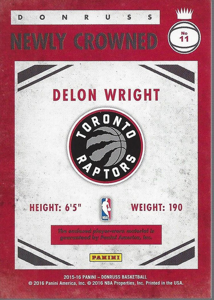 2015-16 Donruss Newly Crowned Rookie Jerseys #11 Delon Wright Jersey ...