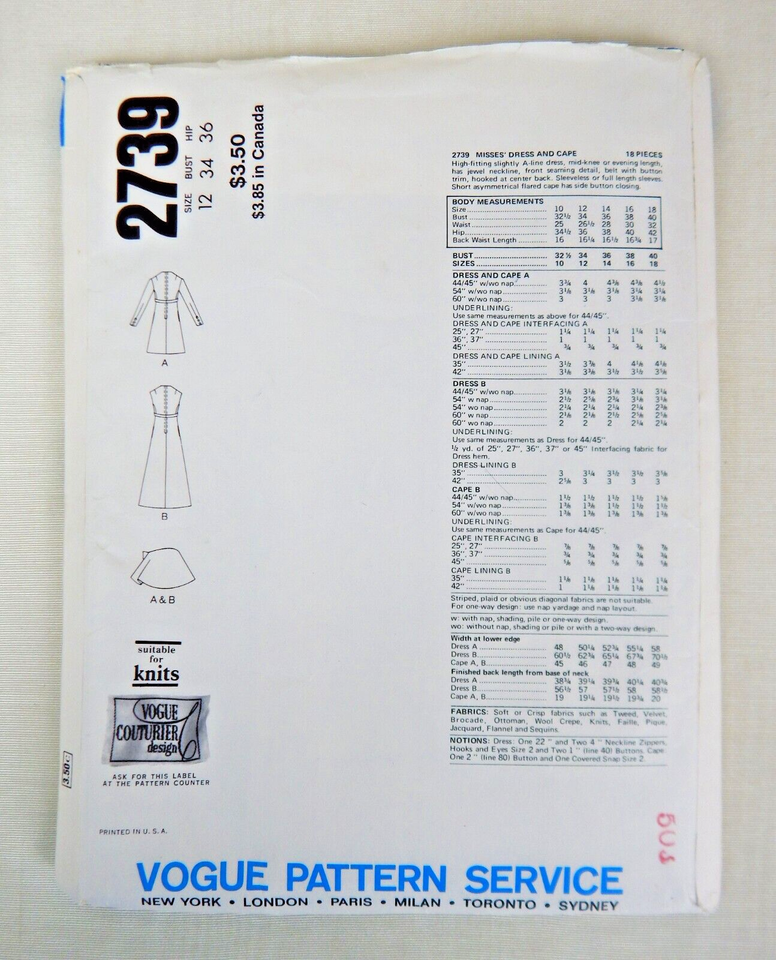 Vogue Couturier Design Sybil Connolly Pattern #2739 - Size 12 - UNCUT ...