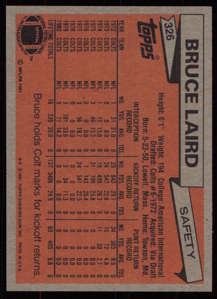 1981 Topps Bruce Laird Baltimore Colts #326 | eBay