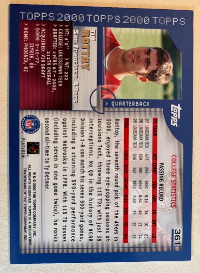 2000 Topps Collection Tim Rattay #361 Rookie RC | eBay