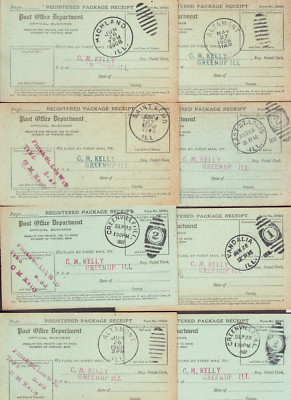 US 8 DIFFERENT TOWNS POST OFFICE REGISTERED PACKAGE RECEIPTS 1906 -1907 ...