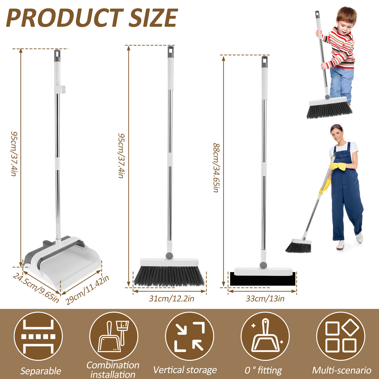 3Pcs Floor Sweeping Set with Long Handle Portable Broom Dustpan ...