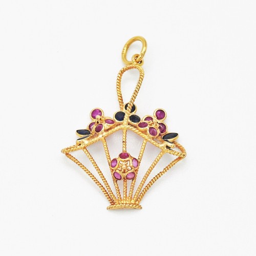 18k Yellow Gold Estate Sapphire & Ruby Hanging Flower Basket Pendant | eBay