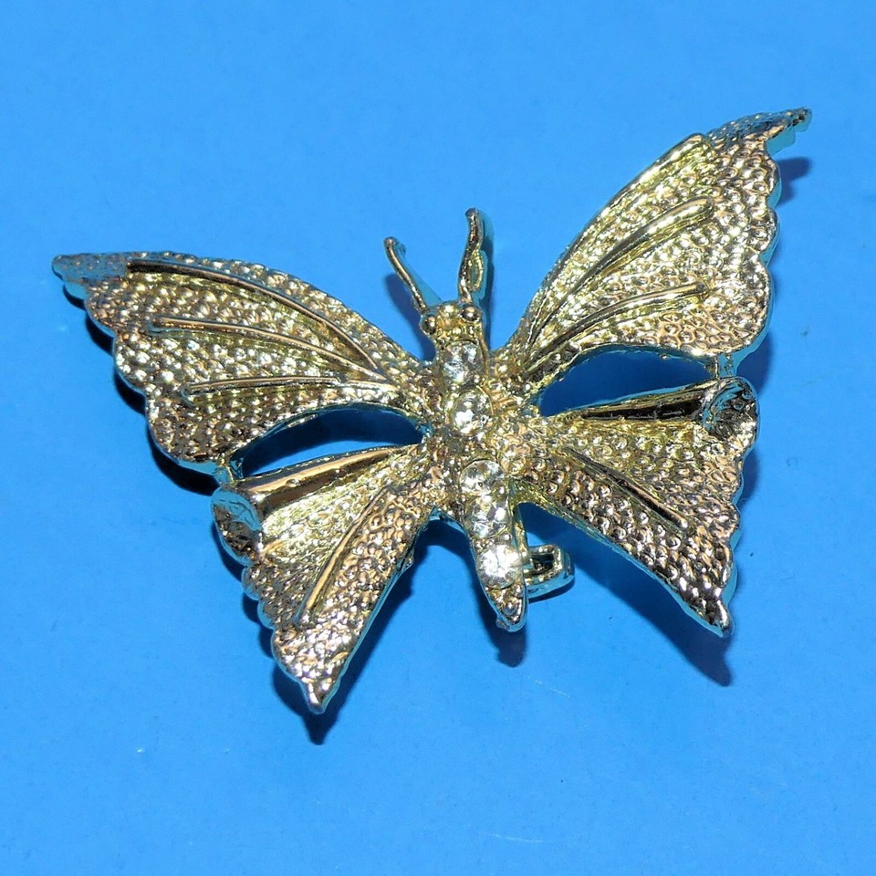 Vintage Gerry's Butterfly Brooch Pin Rhinestones Textured Gold Tone Bug ...