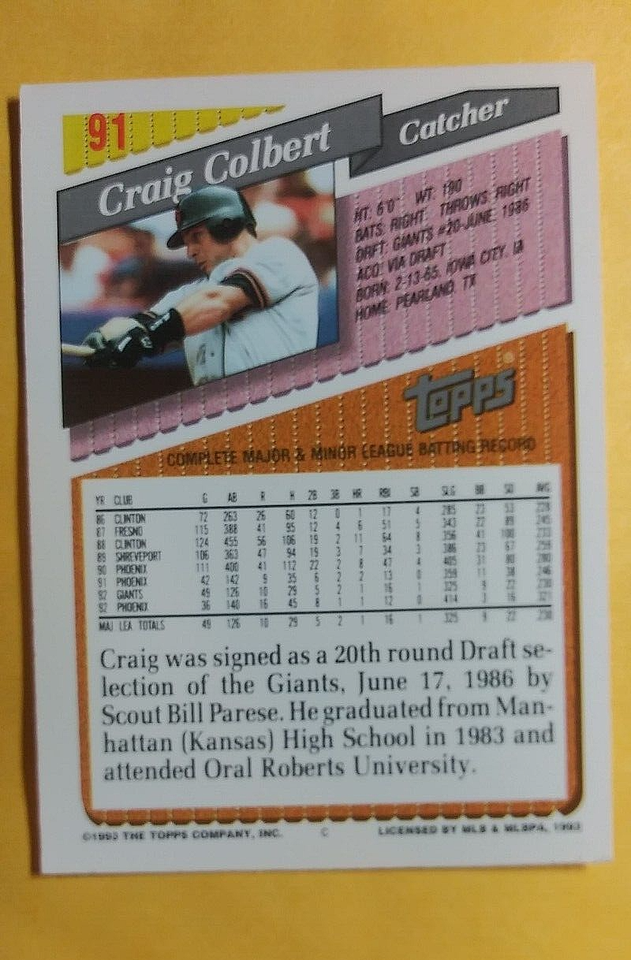 1993 Topps Baseball Card Craig Colbert San Francisco Giants #91 | eBay