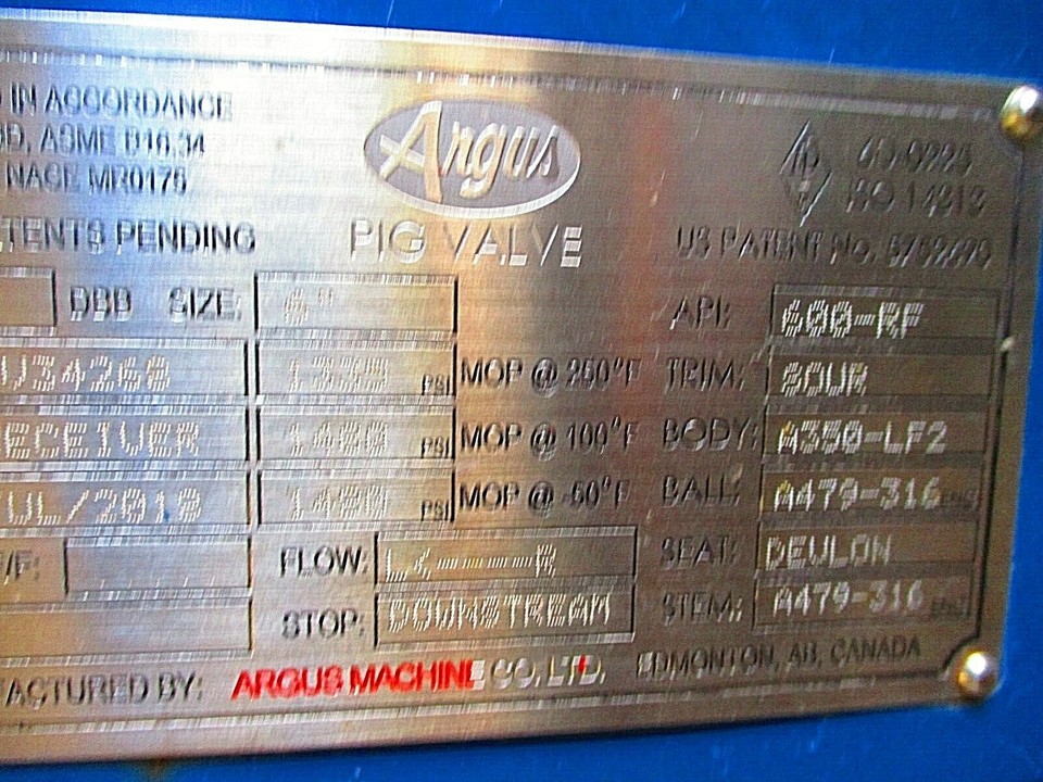 ARGUS Model P Pipeline Receiver Pig Valve 6" 600 Flanged LF2 Body x ...